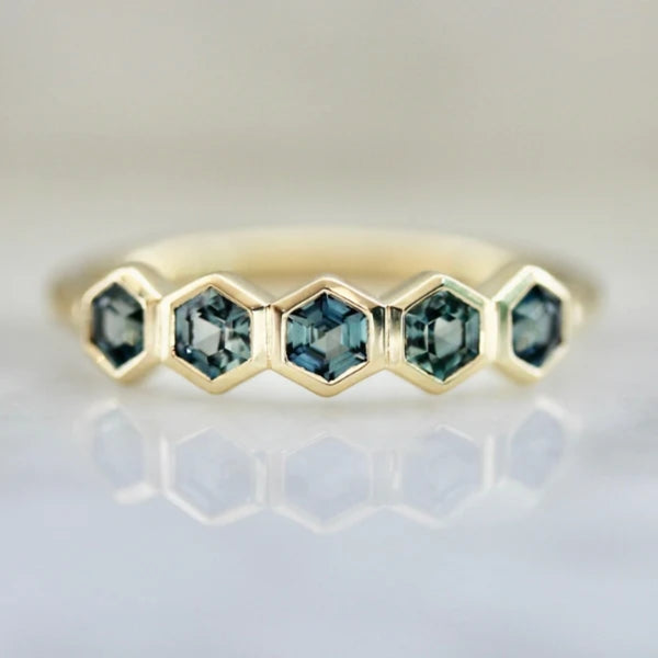 Firefly Teal Hexagon Cut Sapphire Ring - Gem Breakfast