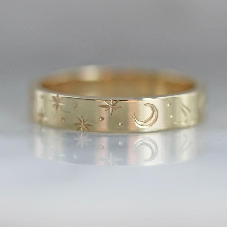 Stargazer Engraved Celestial Gold Band - Gem Breakfast