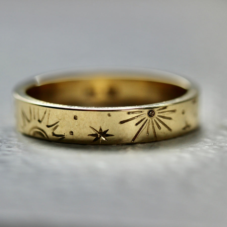 Stargazer Engraved Celestial Gold Band - Gem Breakfast